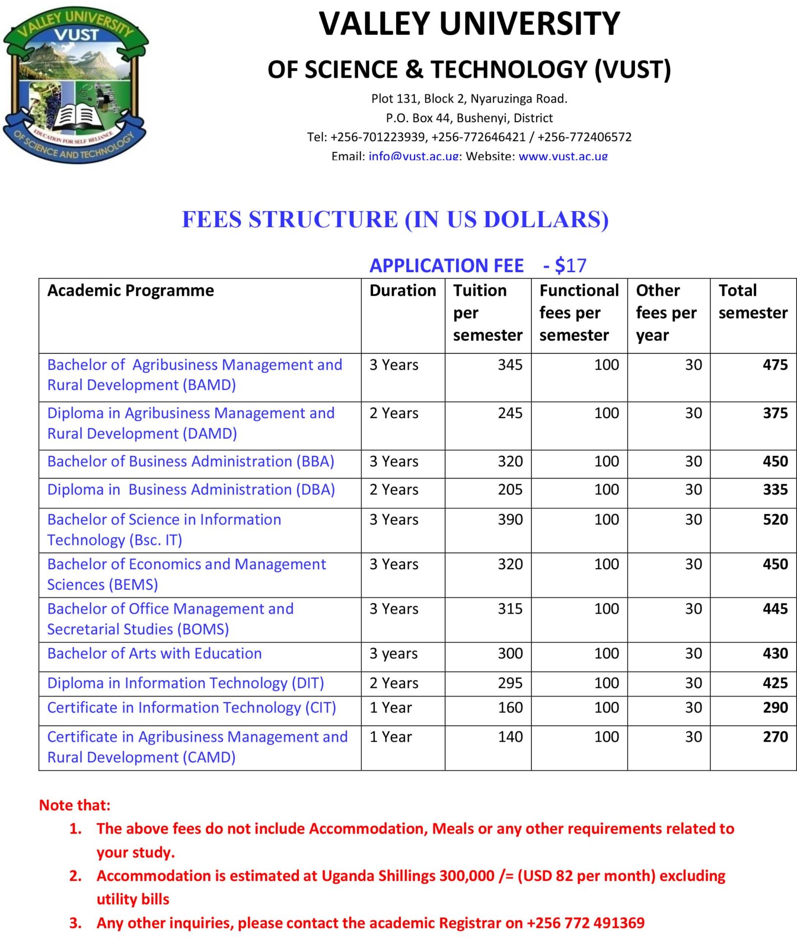 Fees Structure – Valley University of Science and Technology